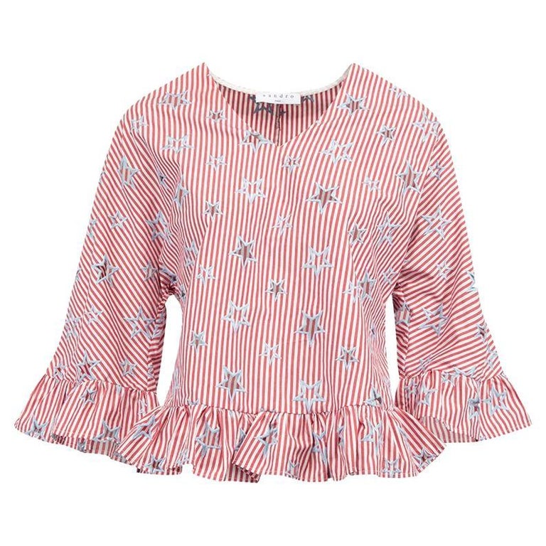 Sandro Women's Red Striped Cotton Cut Out Blue Star Motif Blouse For ...
