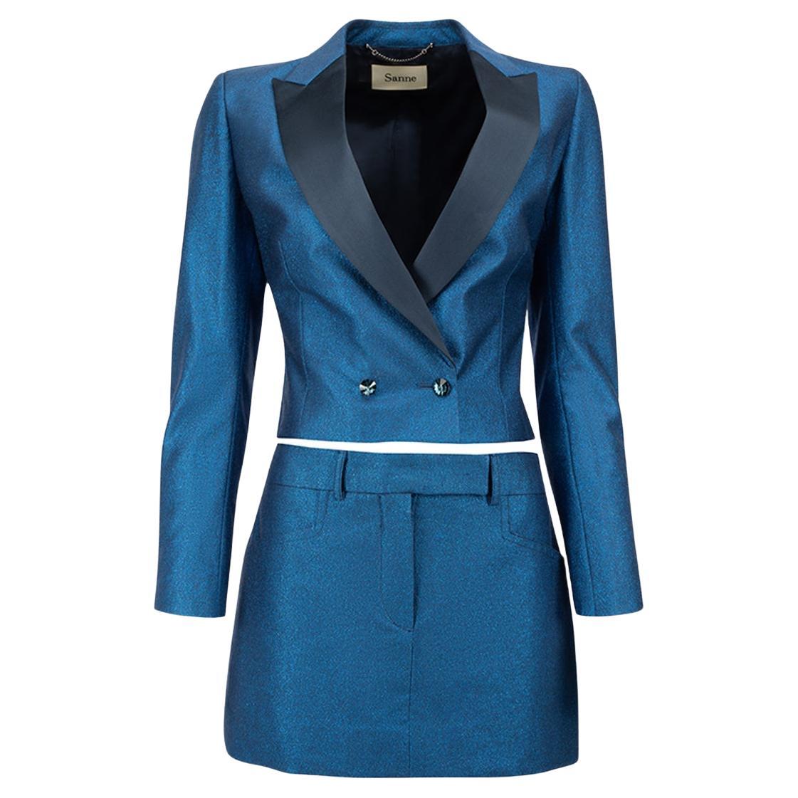 Sanne Women's Blue Glitter Cropped Blazer and Mini Skirt Set For Sale ...