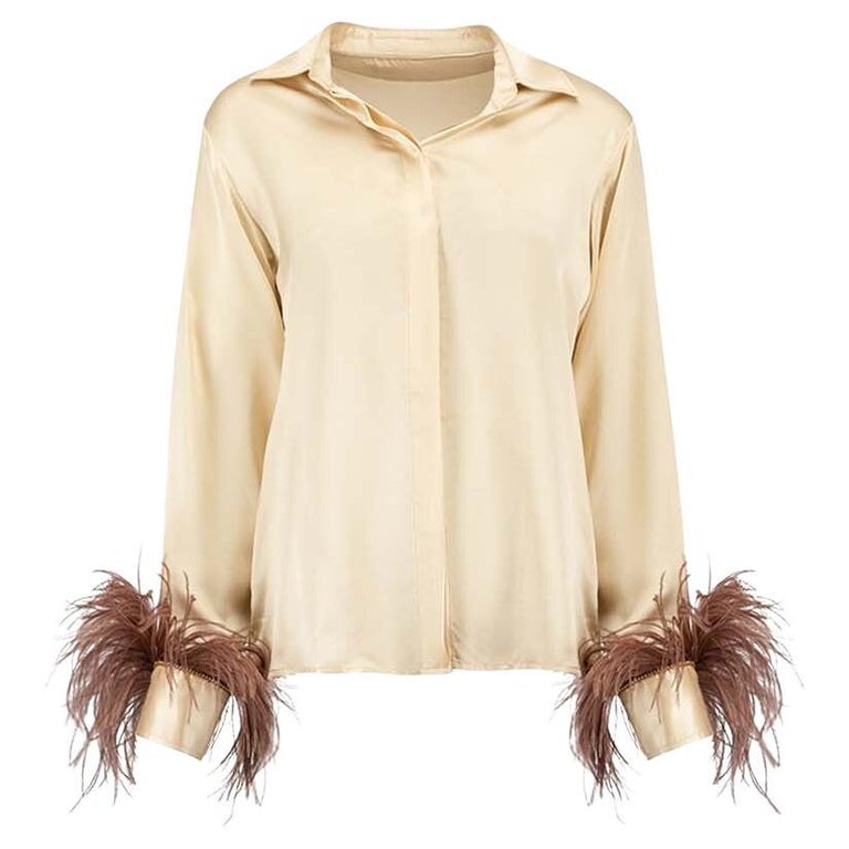 Sanne Women's Gold Silk Feather Cuffs Blouse For Sale at 1stDibs