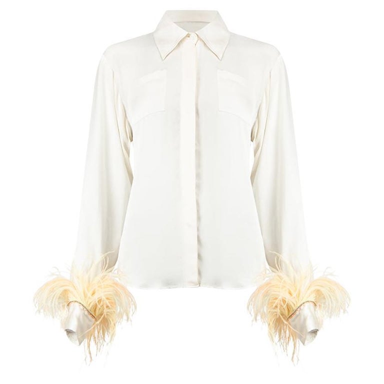 Sanne Women's Ivory Silk Feather Cuff Blouse For Sale at 1stDibs