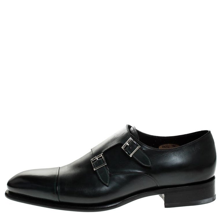 Santoni Olive Green Leather Double Buckle Monk Derby Size 44 at 1stDibs
