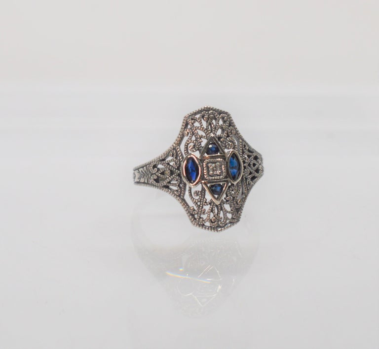 Sapphire and Diamond Art Deco Style Sterling Silver Filigree Ring For ...