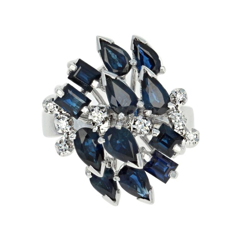 Sapphire and Diamond Cluster Cocktail Ring, 18k Gold Pear Brilliant 3. ...