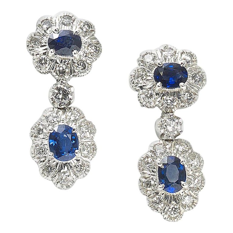 Sapphire and Diamond Cluster Drop Earrings For Sale at 1stDibs
