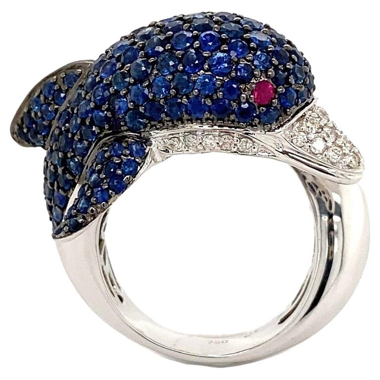 Sapphire and Diamond Dolphin with Ruby Eyes Gold Ring For Sale at 1stDibs