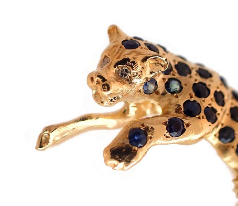 Sapphire and Diamond Panther in 14 Karat Yellow Gold For Sale at 1stDibs