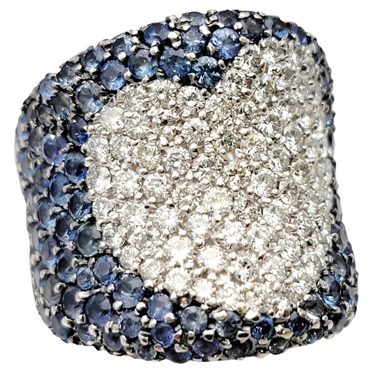 Sapphire and Diamond Pave Heart Design Contoured Wide Band Ring in ...