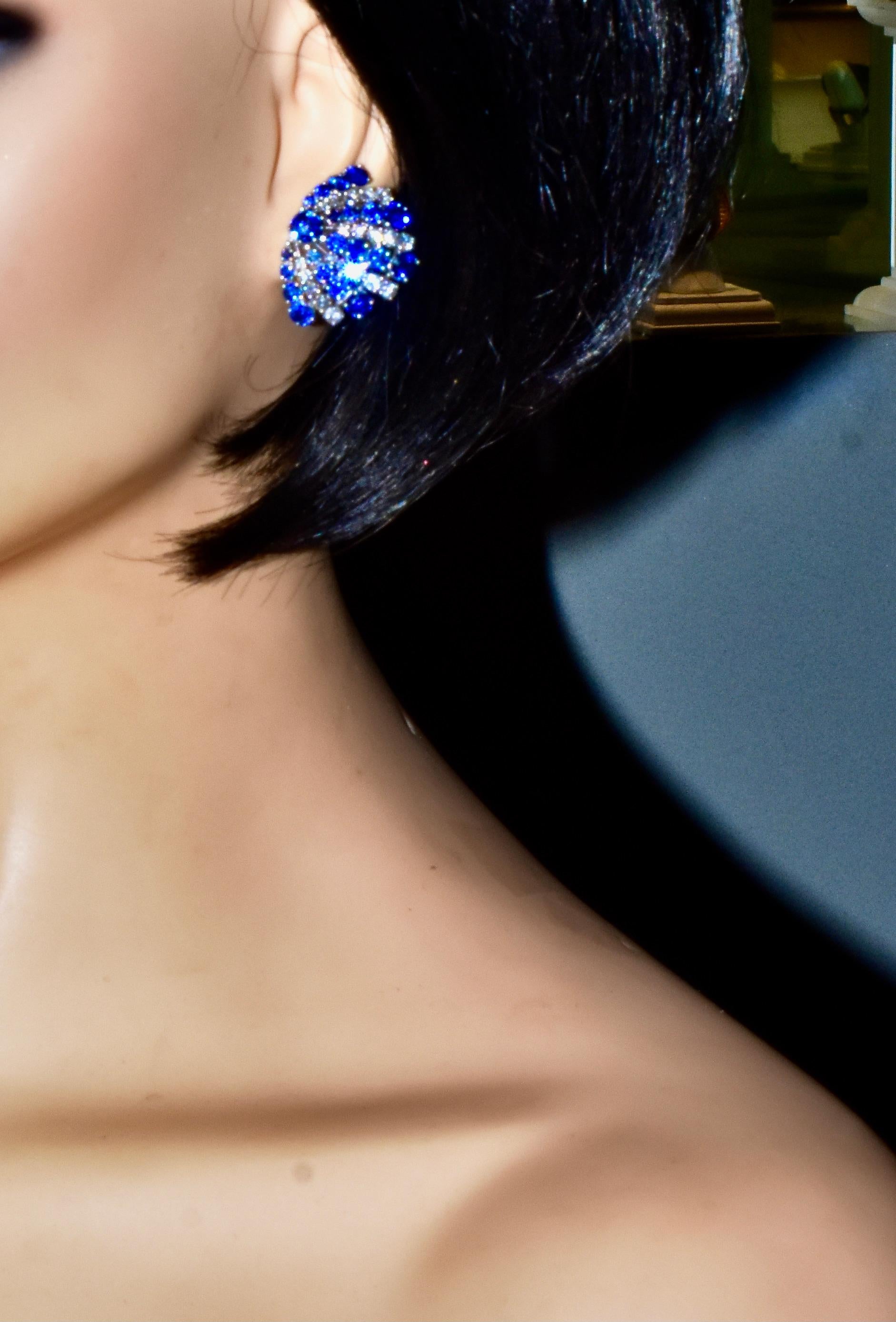 Sapphire and Diamond Striking Fan Motif Earrings For Sale at 1stDibs