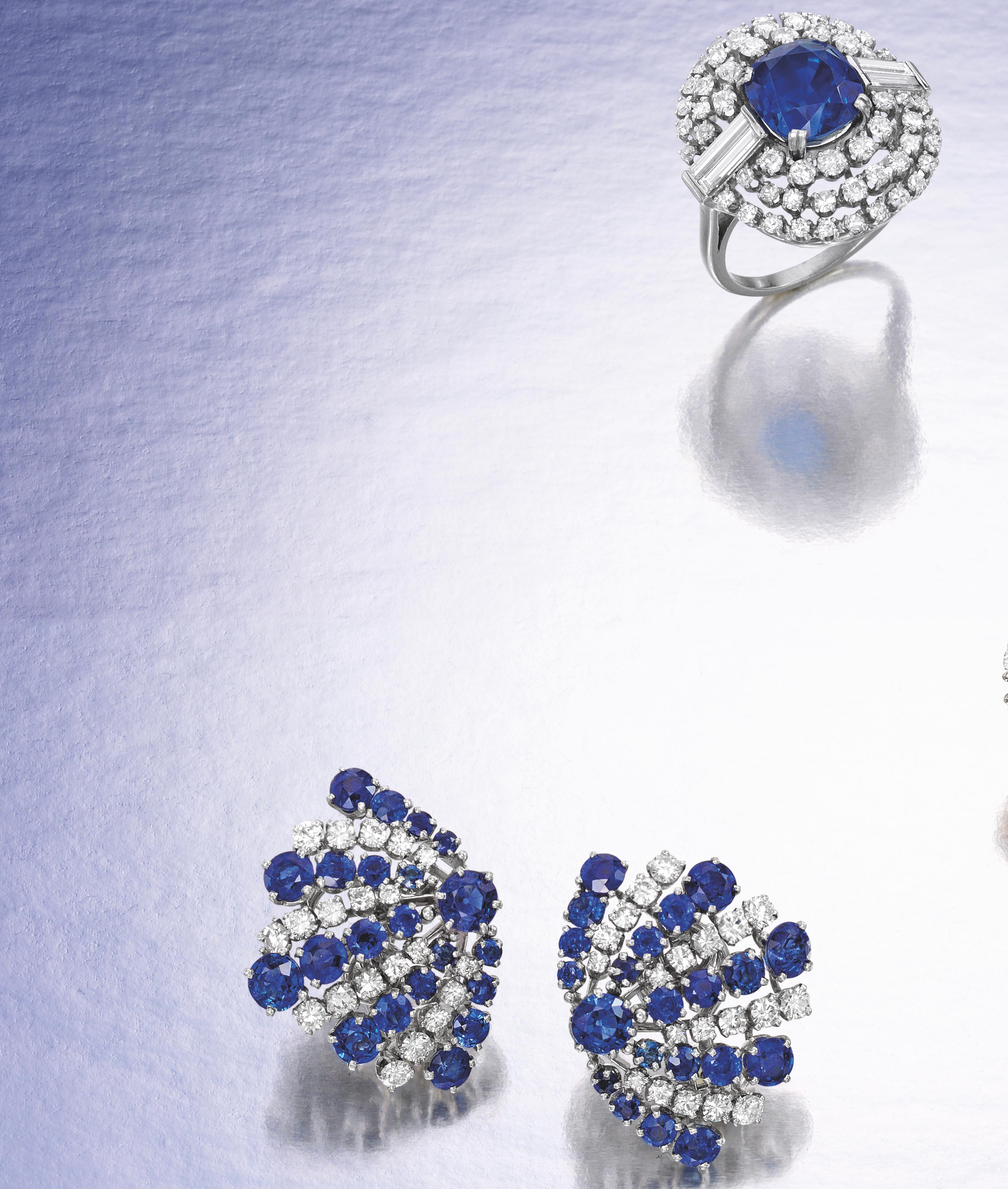 Sapphire and Diamond Striking Fan Motif Earrings For Sale at 1stDibs