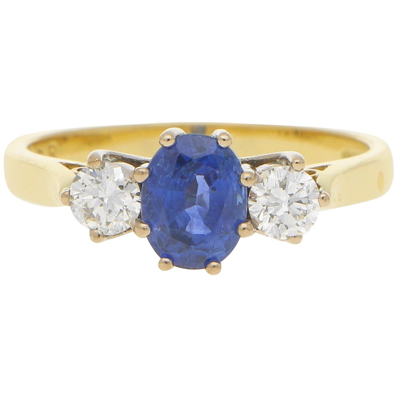 Sapphire and Diamond Trilogy Engagement Ring Set in18 Karat Yellow Gold ...