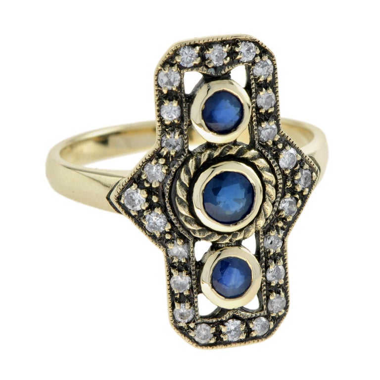 Sapphire and Old Cut Diamond Art Deco Style Vertical Three Stone Ring ...