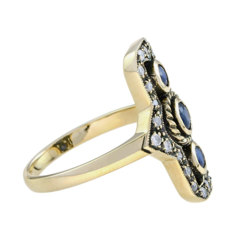 Sapphire and Old Cut Diamond Art Deco Style Vertical Three Stone Ring ...