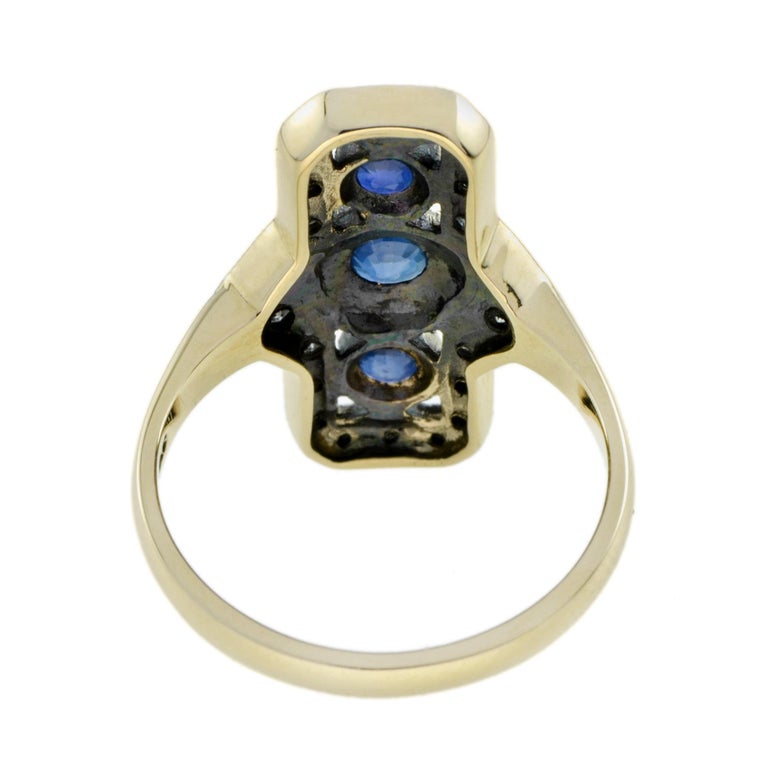 Sapphire and Old Cut Diamond Art Deco Style Vertical Three Stone Ring ...