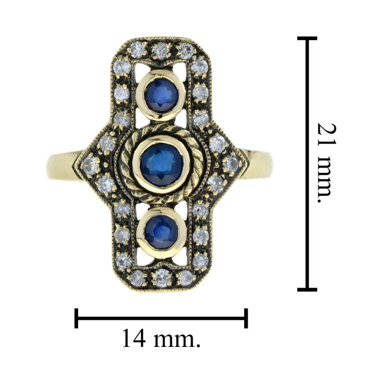 Sapphire and Old Cut Diamond Art Deco Style Vertical Three Stone Ring ...