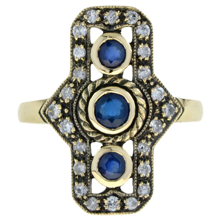 Sapphire and Old Cut Diamond Art Deco Style Vertical Three Stone Ring ...