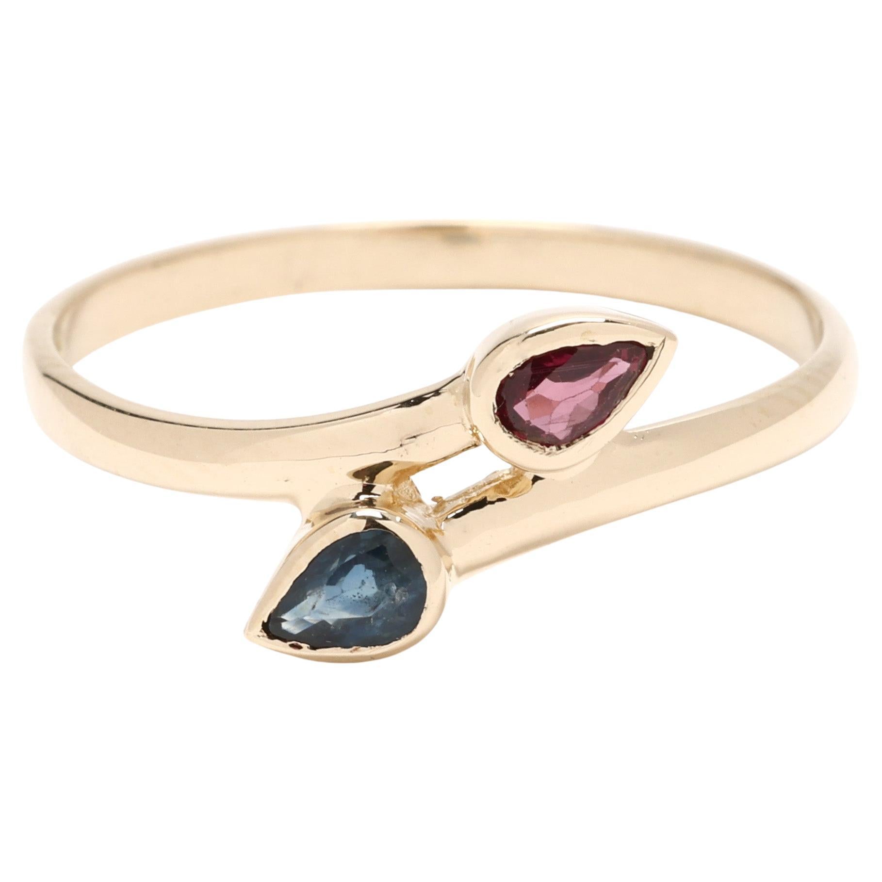 Sapphire and Ruby Bypass Ring, 14k Yellow Gold, Ring Size 5.75 at 1stDibs