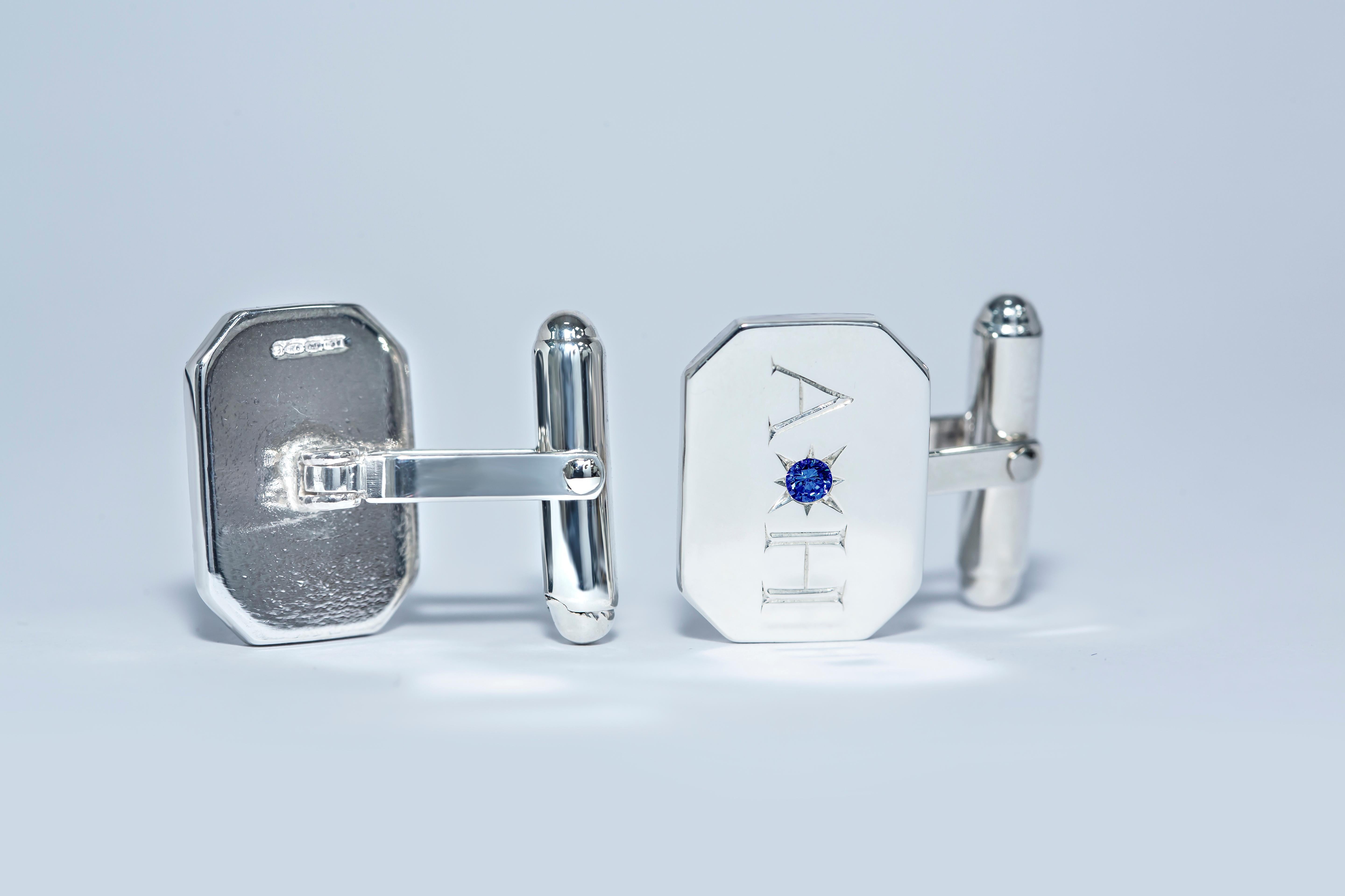 Sapphire Bespoke Sterling Silver Rectangular Engraved Modern Classic Cufflinks For Sale at 1stDibs