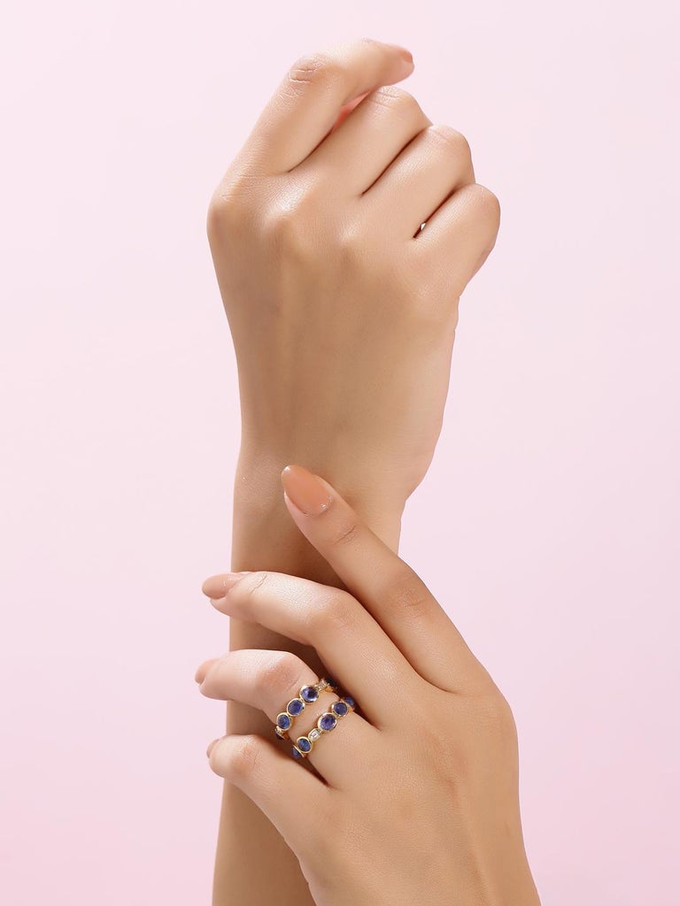 Sapphire Cabochon and Diamond Baguette Eternity Ring Handcrafted in 18K ...