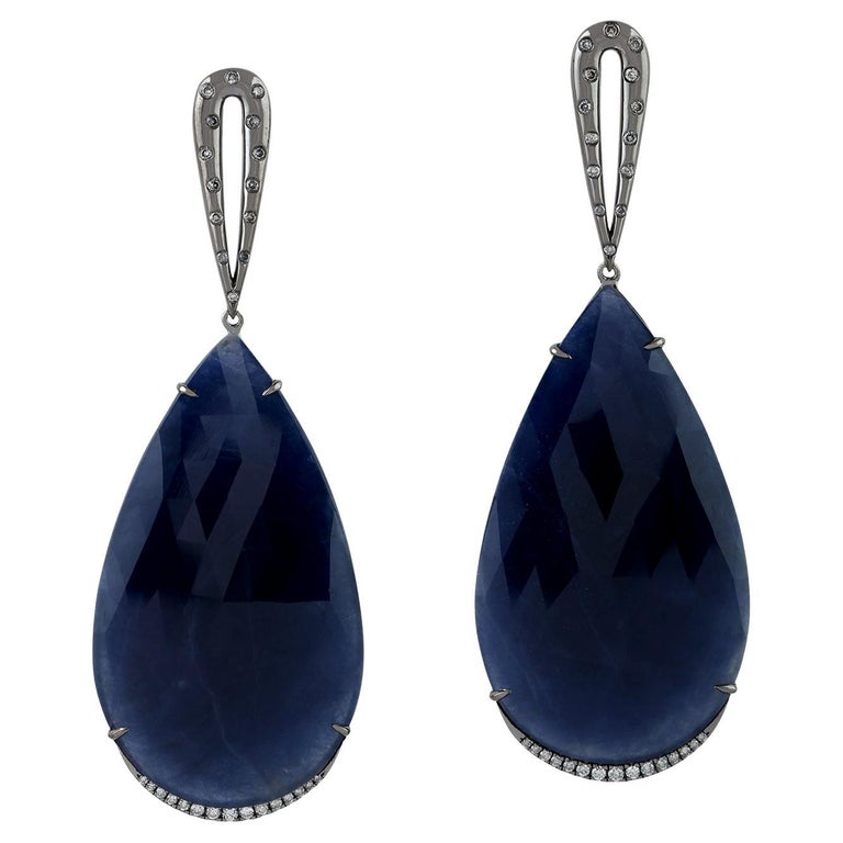 Drop Shape Blue Sapphire Dangle Earring with Diamonds Made in 18k Gold ...