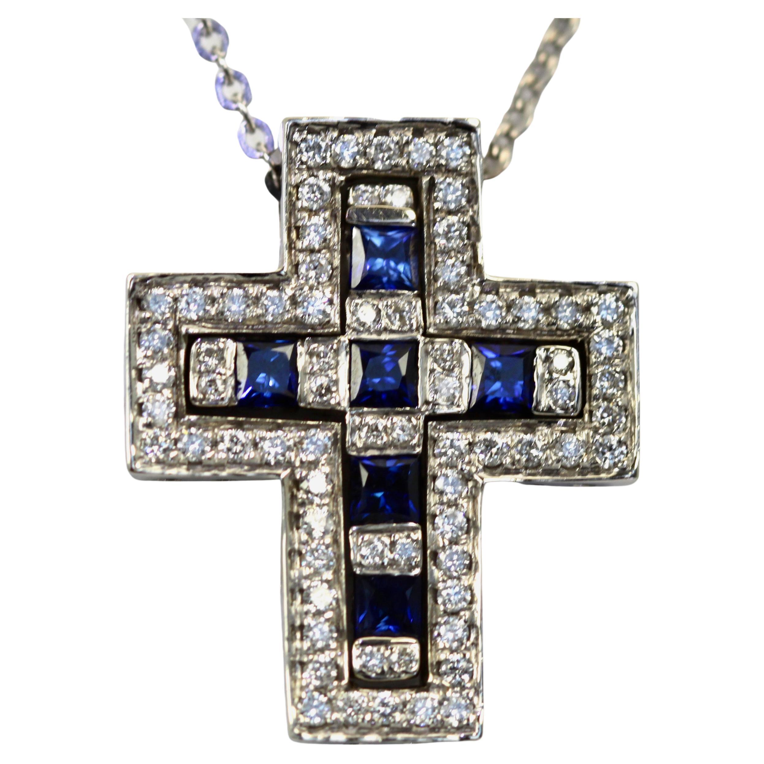 Pink Sapphire Diamond Gold Double Cross Pendant For Sale at 1stDibs
