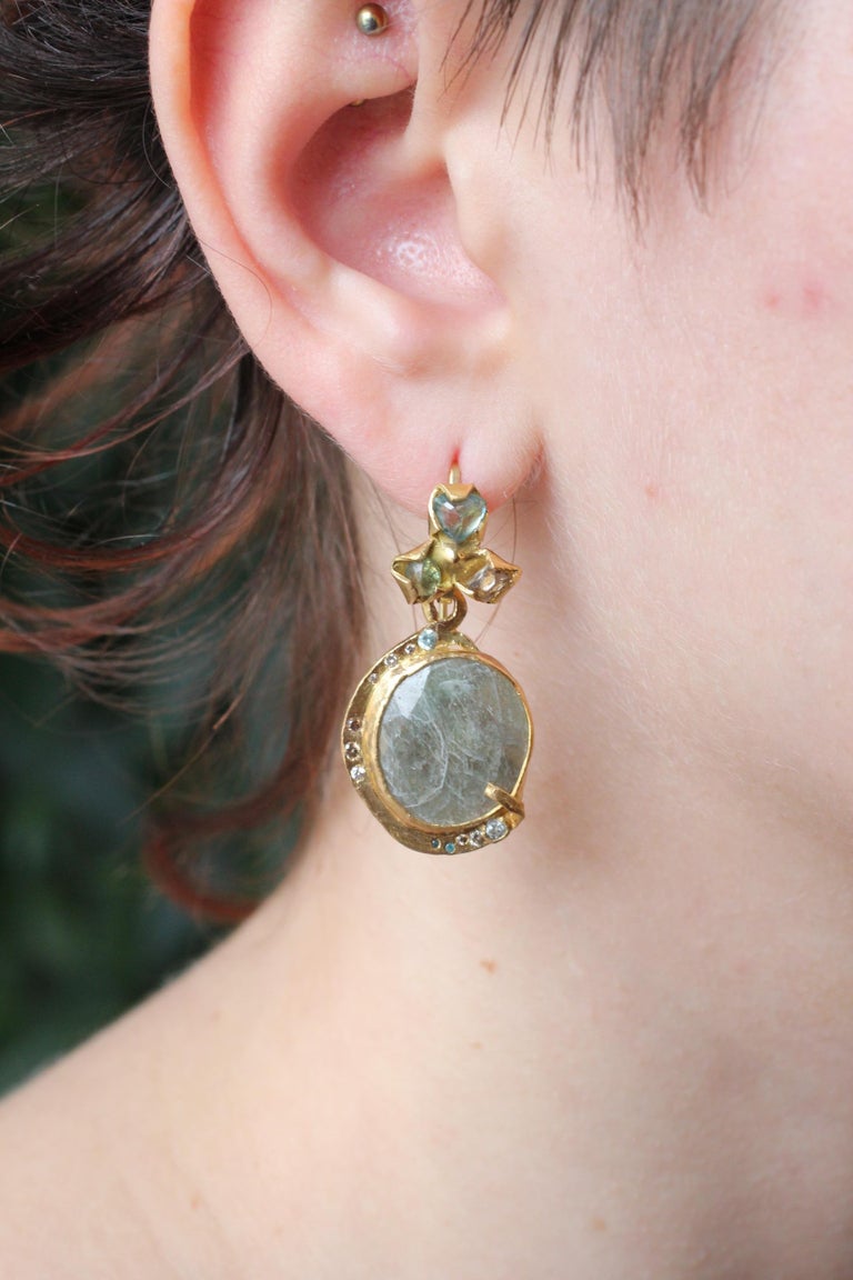 Sapphire Diamond 22-21 Karat Gold Dangle Drop Organic Earrings at 1stDibs