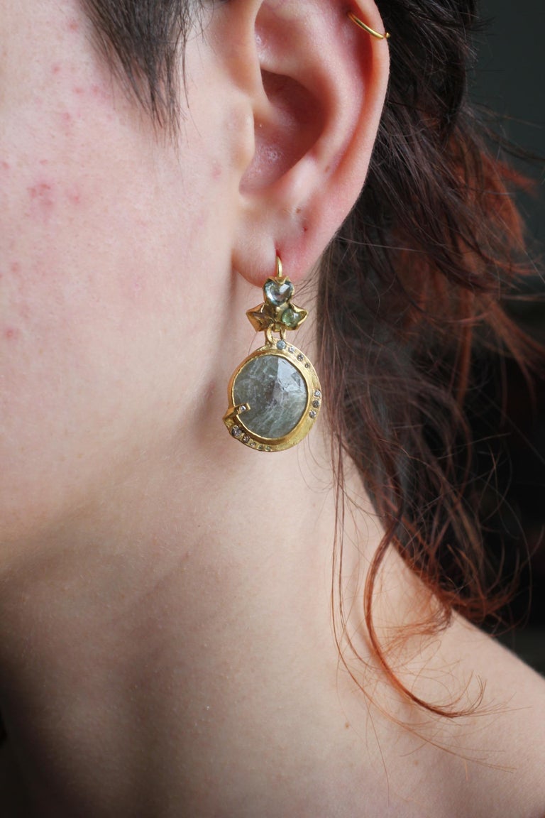Sapphire Diamond 22-21 Karat Gold Dangle Drop Organic Earrings at 1stDibs