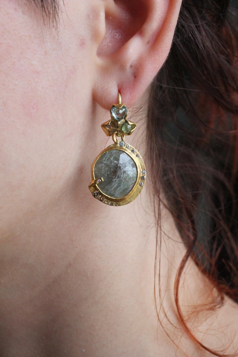 Sapphire Diamond 22-21 Karat Gold Dangle Drop Organic Earrings at 1stDibs