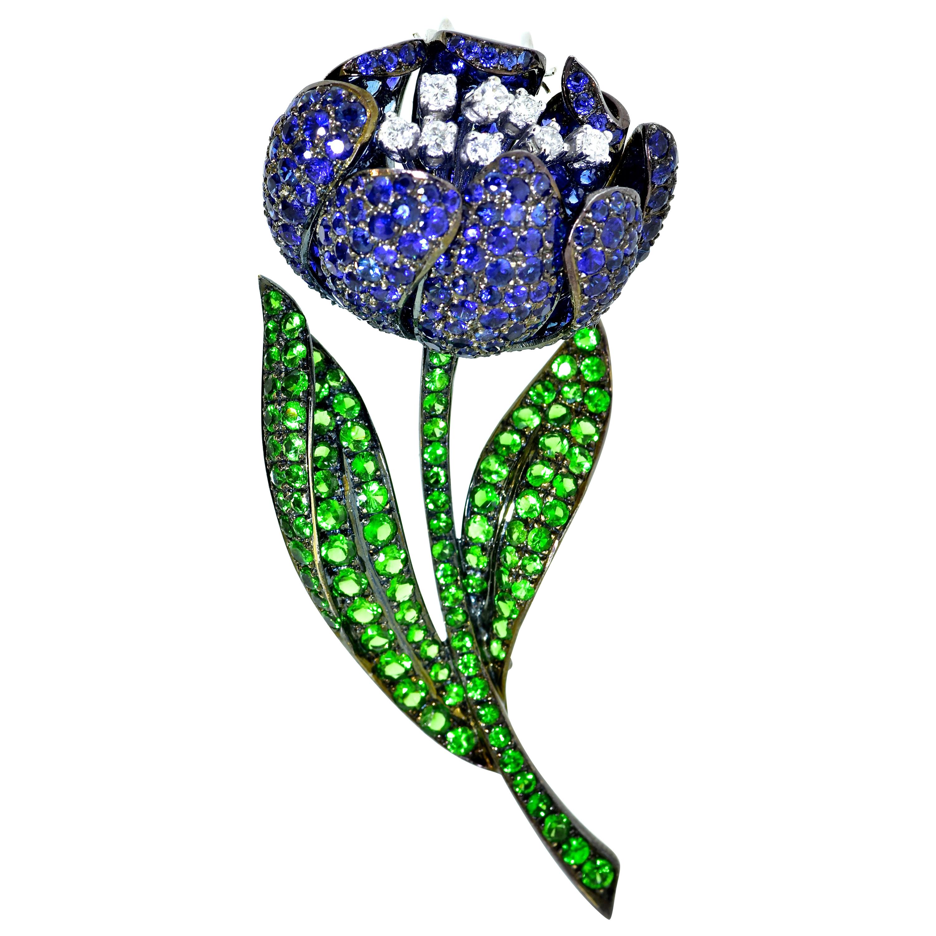 Sapphire, Diamond and Green Tsavorite 18 Karat Large Flower Brooch at ...