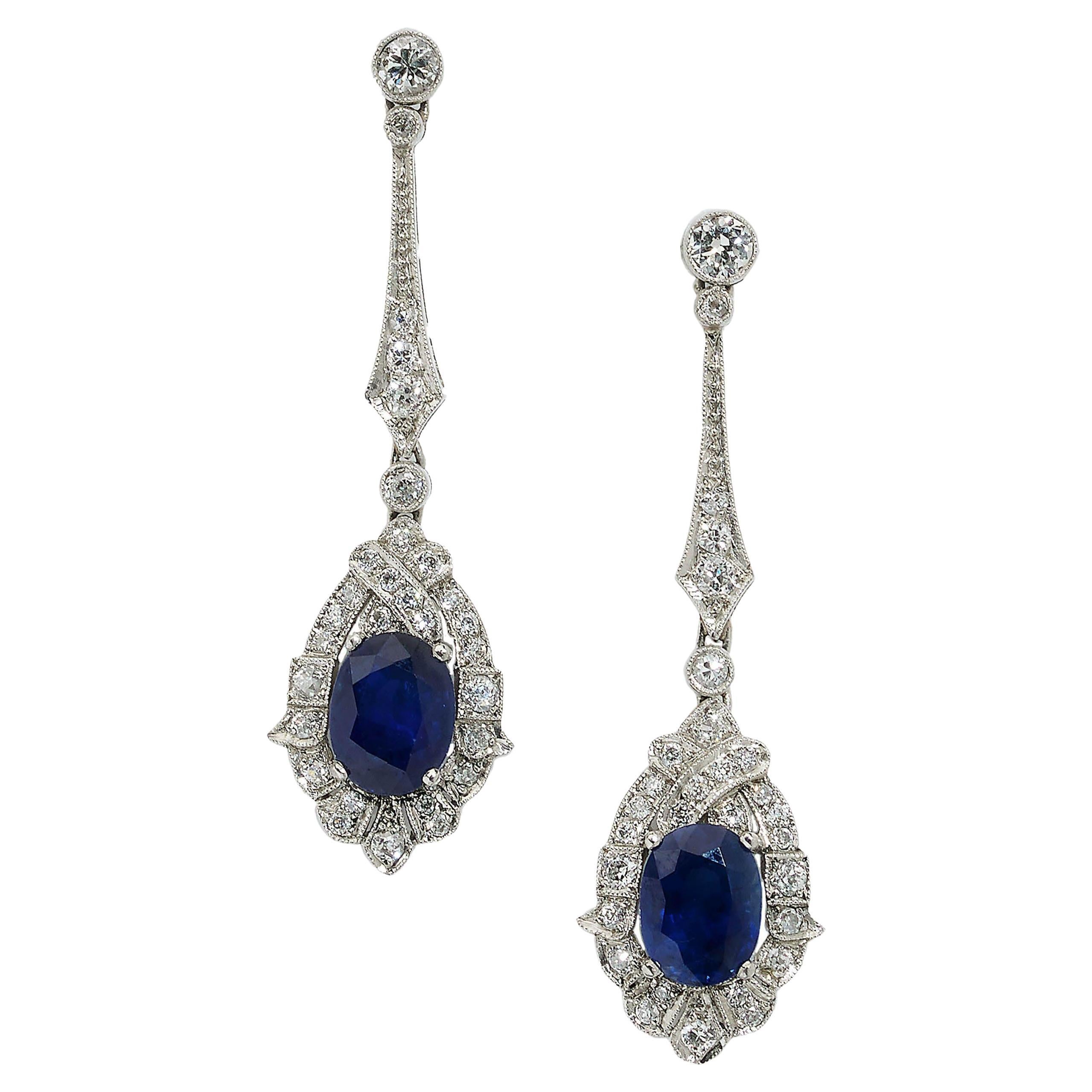 6.80 Carat Blue Cushion Sapphire and Diamond Platinum Drop Earrings For ...