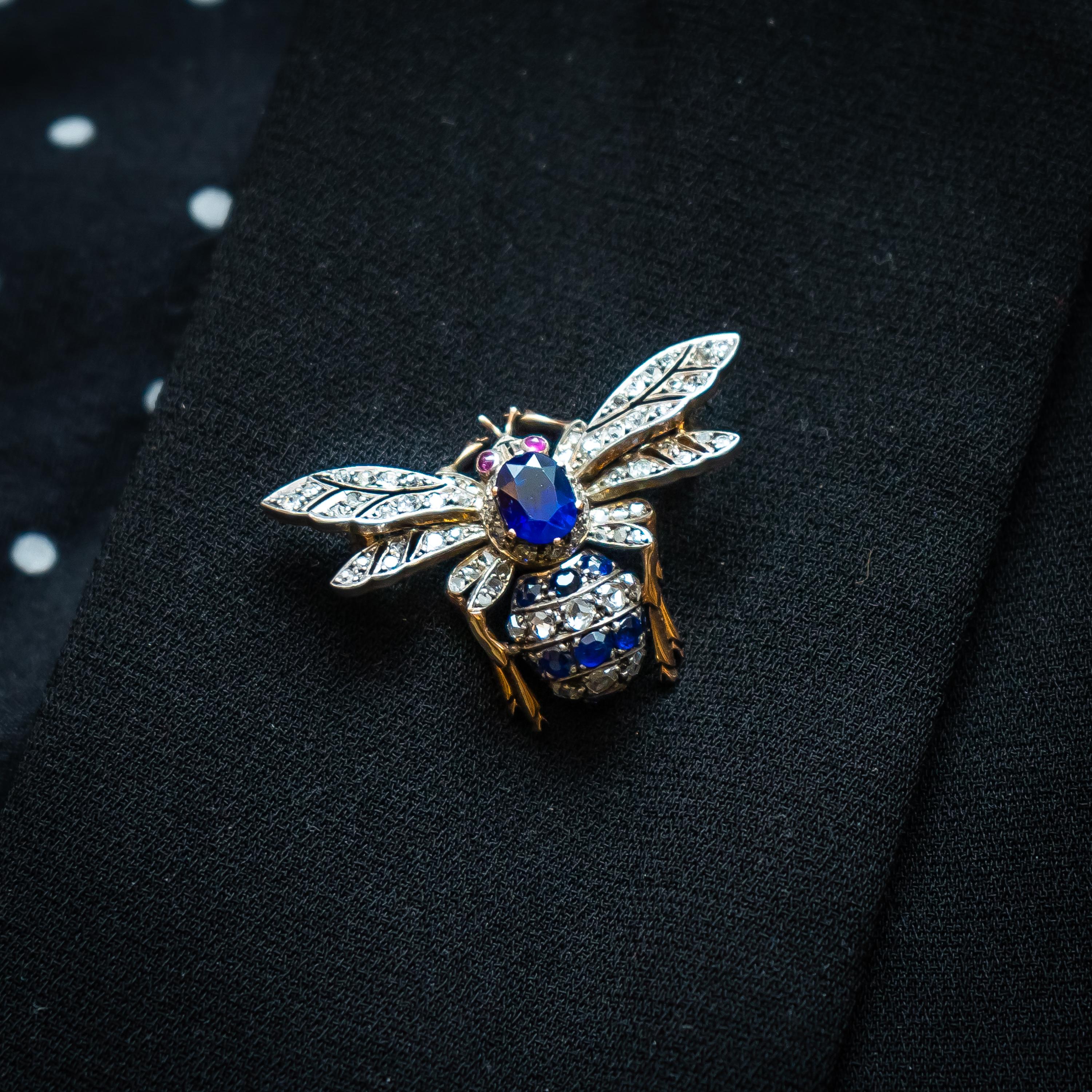 Sapphire Diamond and Ruby Bee Brooch at 1stDibs