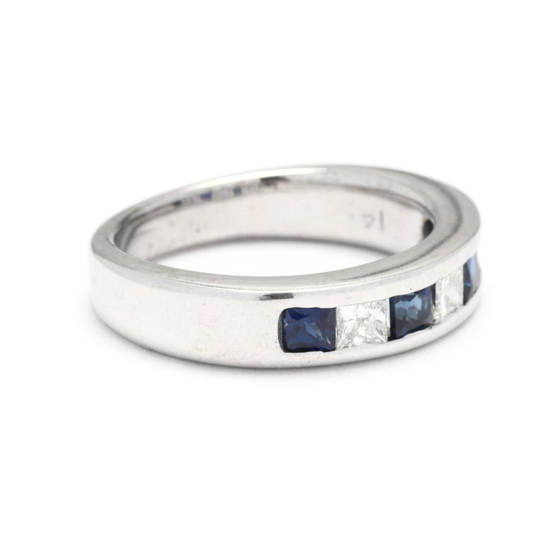 Sapphire Diamond Channel Set Wedding Band, 14KT White Gold, Ring For ...