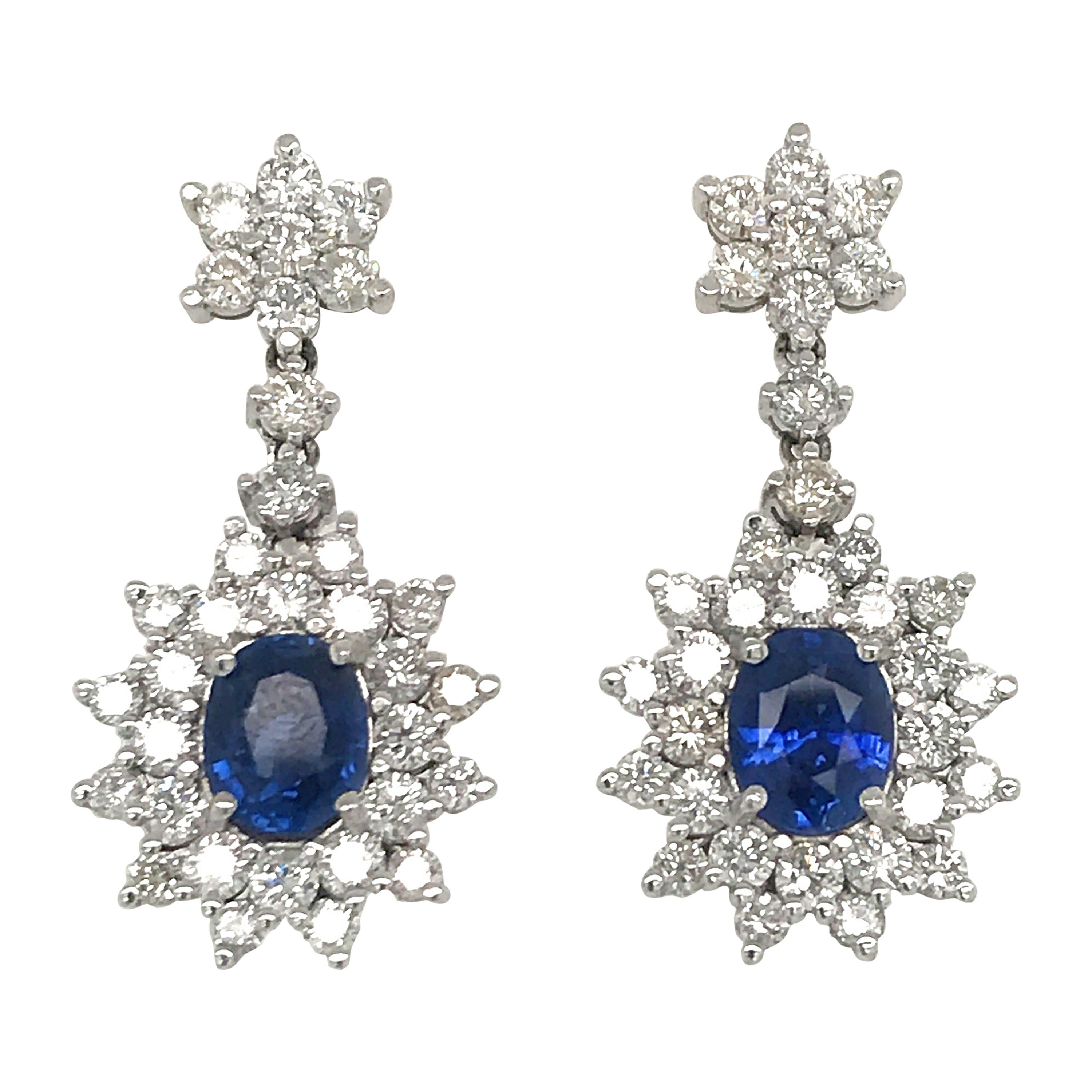 Sapphire Diamond Cluster Drop Earrings 3.63 Carat 18 Karat White Gold ...