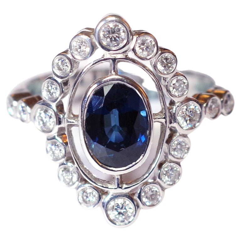 Sapphire Diamond Engagement Ring, Cluster Wedding Ring For Sale at 1stDibs