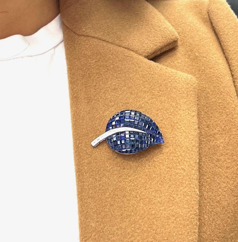 Sapphire Diamond Leaf Brooch For Sale at 1stDibs