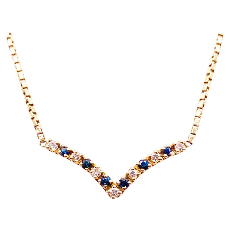 Sapphire Diamond Necklace, Blue Sapphire, V Necklace, Chevron, Heavy ...