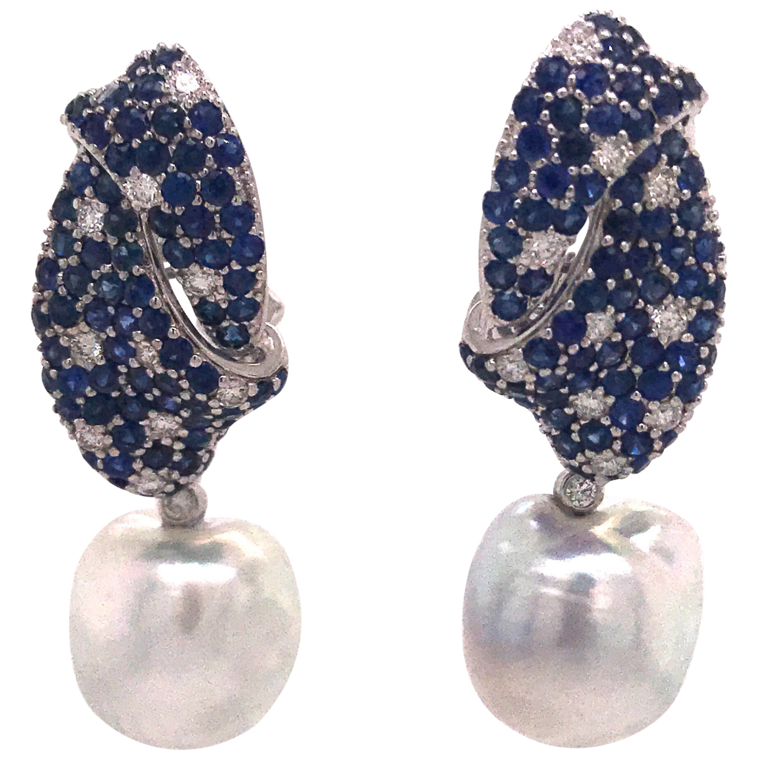 Sapphire Diamond Pearl Drop Earrings 18 Karat White Gold For Sale at ...