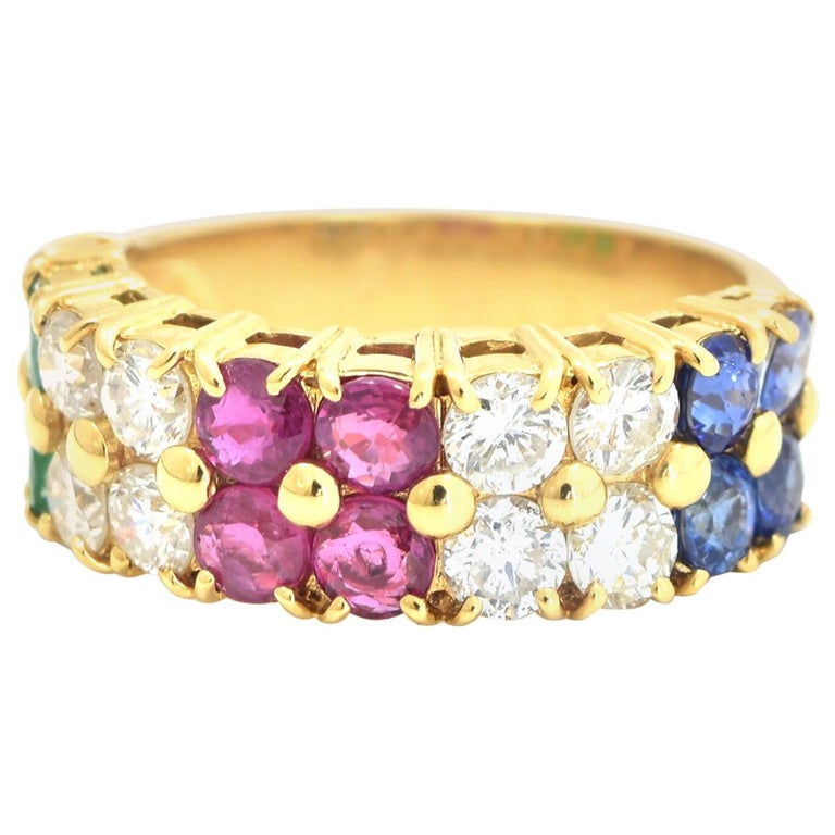 Sapphire, Diamond, Rubies and Emerald Tutti Frutti Ring in 18 Karat Yellow Gold For Sale at 1stDibs