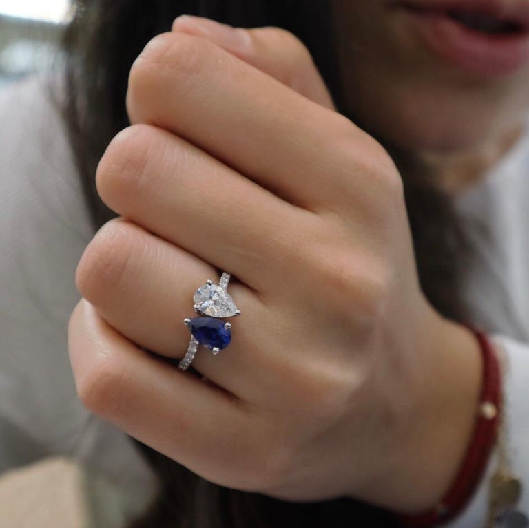 Sapphire Diamond Two-Pear Shape Cross Over Ring Platinum at 1stDibs