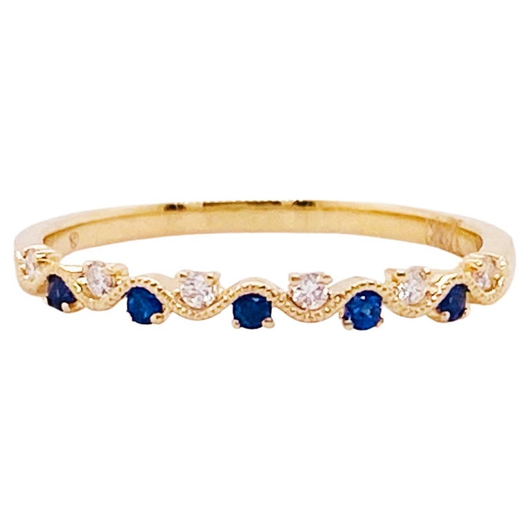 Customizable Sapphire and Diamond Wave Band 14K Yellow Gold Milgrain ...