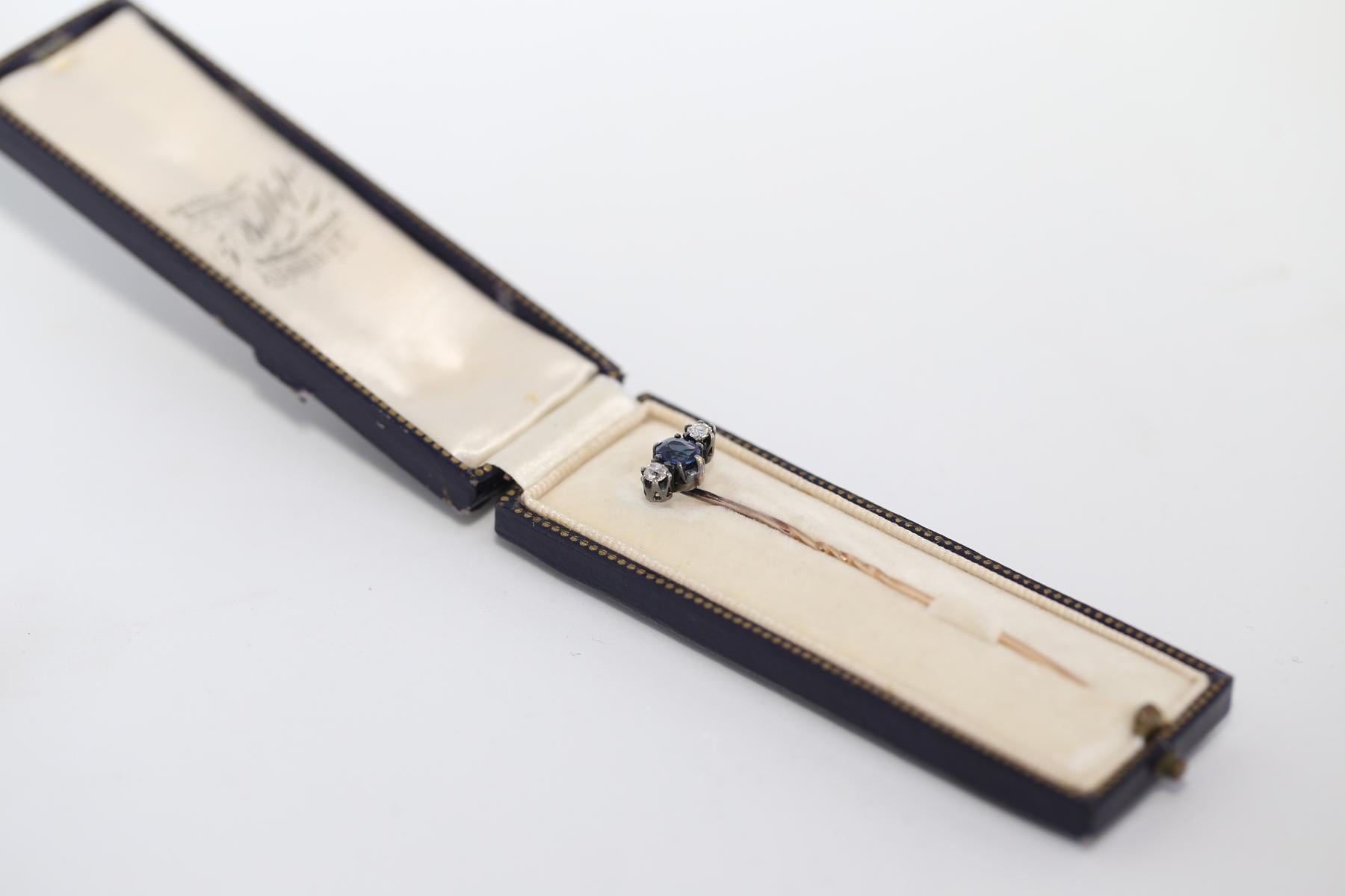 Sapphire Diamonds Pin Brooch Original Box, 1900 For Sale at 1stDibs