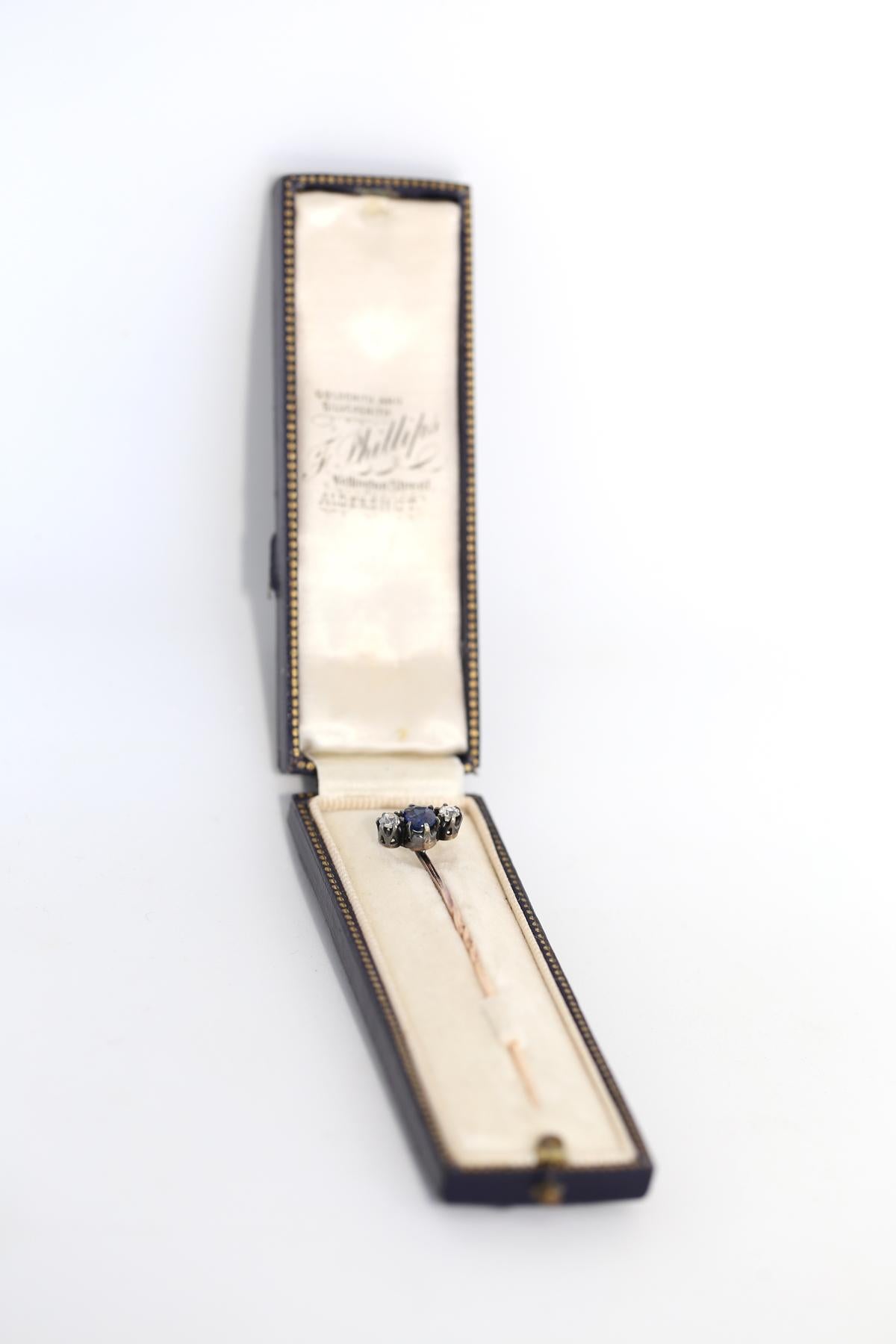 Sapphire Diamonds Pin Brooch Original Box, 1900 For Sale at 1stDibs