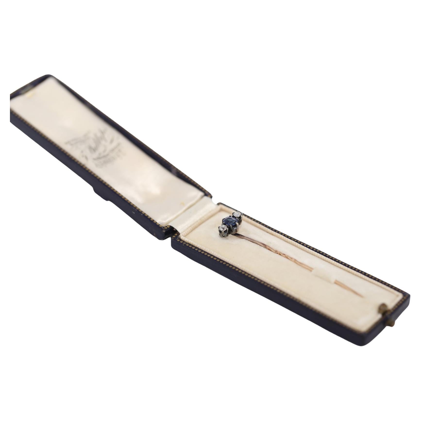 Sapphire Diamonds Pin Brooch Original Box, 1900 For Sale at 1stDibs