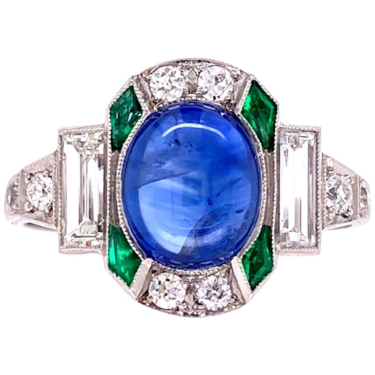 Sapphire Emerald and Diamond Art Deco Style Platinum Ring Fine Estate ...