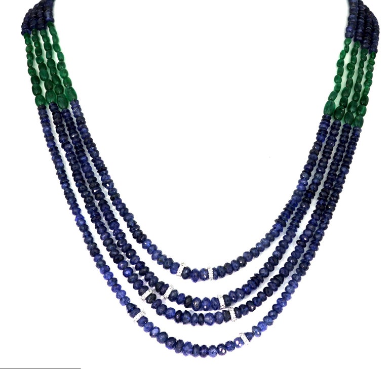 Sapphire, Emerald and Diamond Four-Row Bead Necklace in 18 Carat White ...