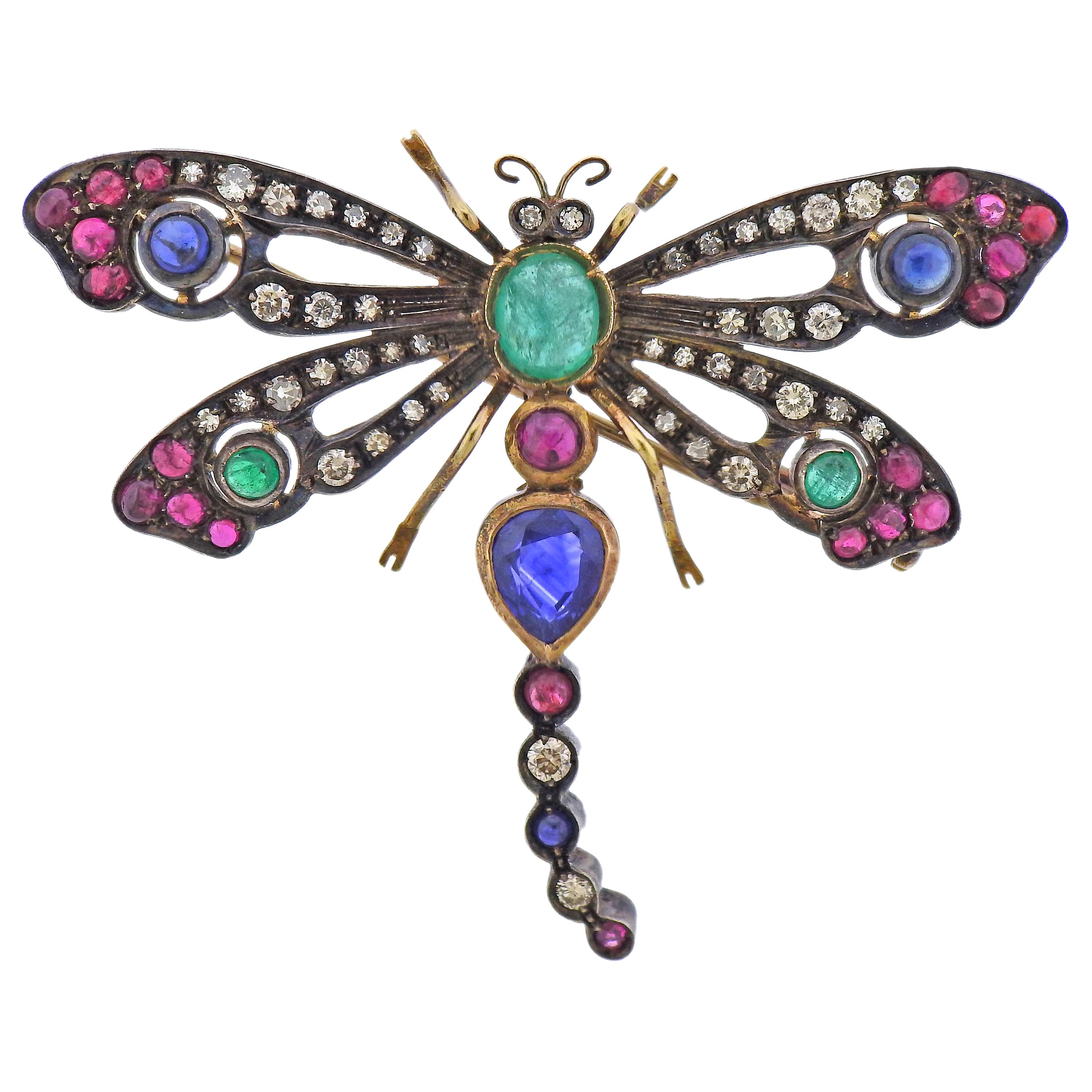 Sapphire Emerald Ruby Diamond Gold Silver Dragonfly Brooch at 1stDibs