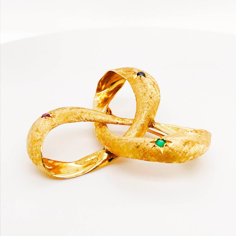 Gemstone Ribbon Brooch, Sapphire, Emerald, Ruby, Florentine Finish Pin ...