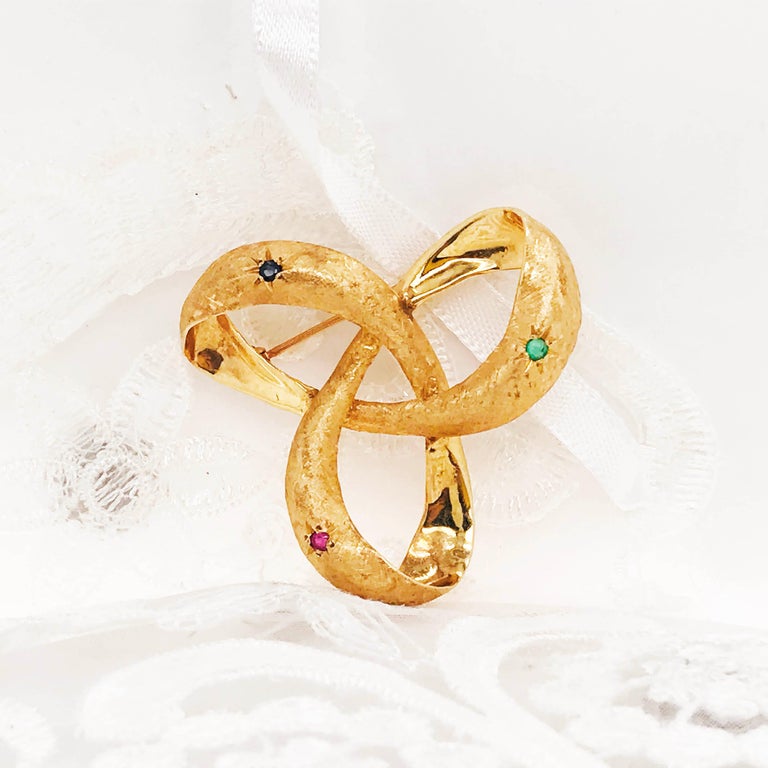 Gemstone Ribbon Brooch, Sapphire, Emerald, Ruby, Florentine Finish Pin ...