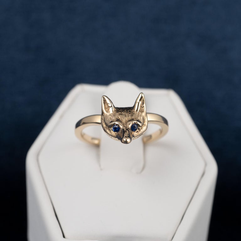 Sapphire Gold Fox Ring, Uk Hallmarks, Antique Style Fox Jewelry at 1stDibs