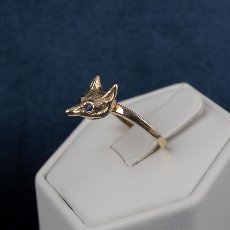 Sapphire Gold Fox Ring, Uk Hallmarks, Antique Style Fox Jewelry at 1stDibs