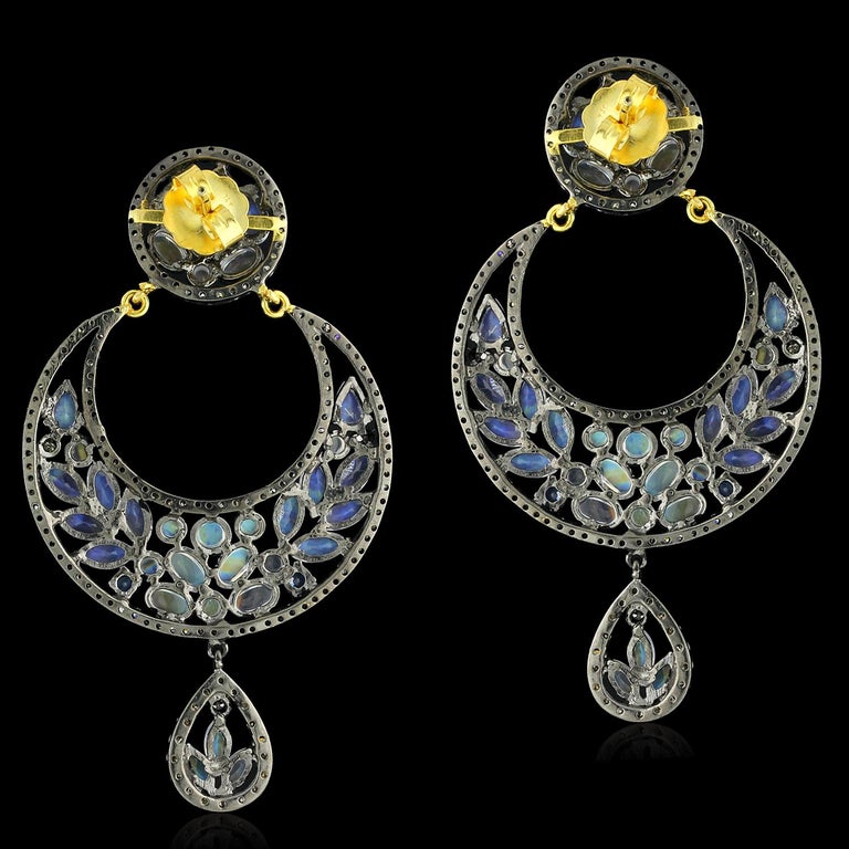 Sapphire and Moonstone Half Moon Shaped Earrings With Pave Diamonds For ...